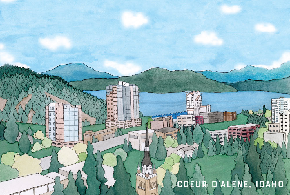 Downtown Coeur d'Alene Watercolor Postcard – CDA IDAHO Clothing Company